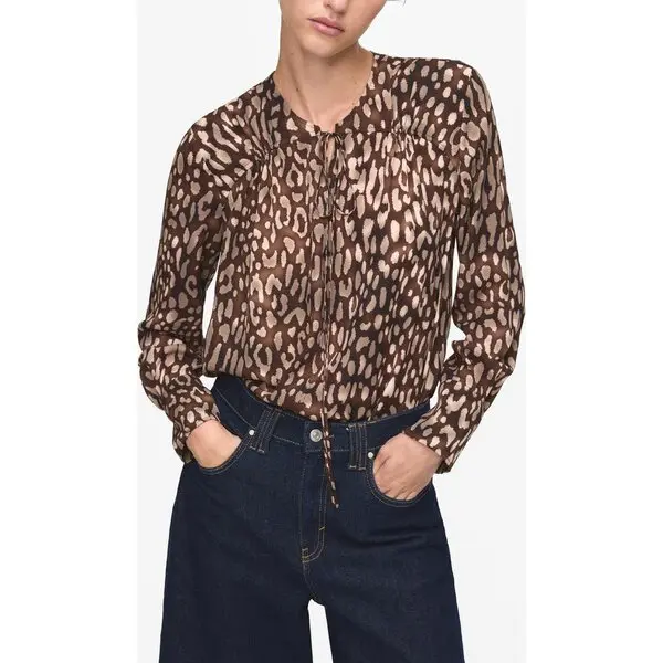Mango Leopard Print Satin Tie Neck Top