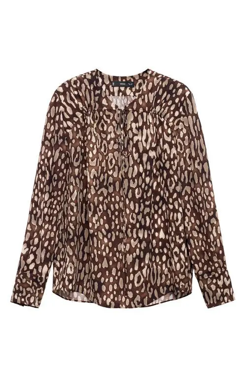 Mango Leopard Print Satin Tie Neck Top