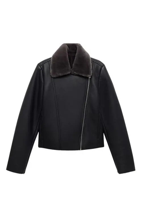 Mango Faux Leather Biker Jacket With Faux Fur Collar