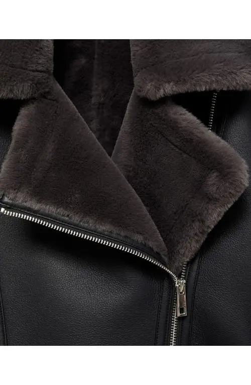 Mango Faux Leather Biker Jacket With Faux Fur Collar