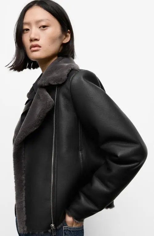 Mango Faux Leather Biker Jacket With Faux Fur Collar