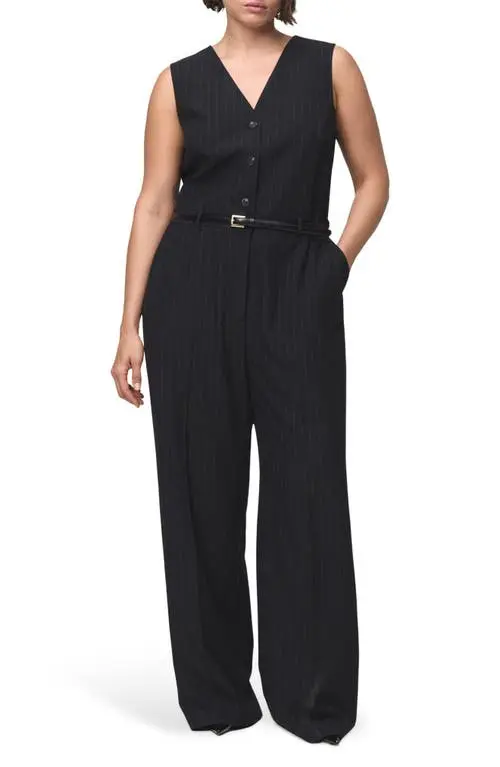 Mango Pinstripe Sleeveless Belted Jumpsuit - Dark Navy
