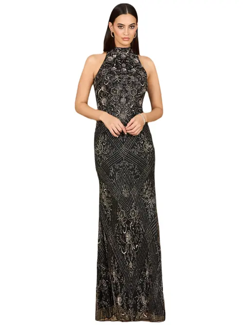 LARA NEW YORK Halter Neck Beaded Tulle Dress - Black