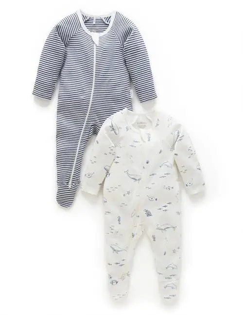 PUREBABY 2-pack Essentials Zip Coverall - Pale Blue Bear Pack