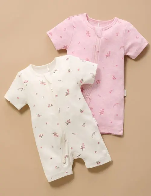 PUREBABY Essentials Short Zip Romper 2-pack - Pale Pink Blossom Pack