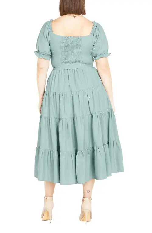 City Chic Puff Sleeve Tiered Midi Dress - Blue