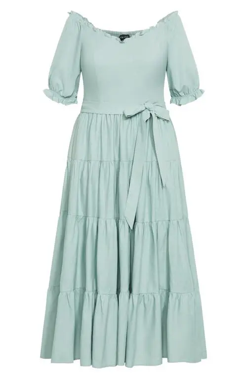 City Chic Puff Sleeve Tiered Midi Dress - Blue