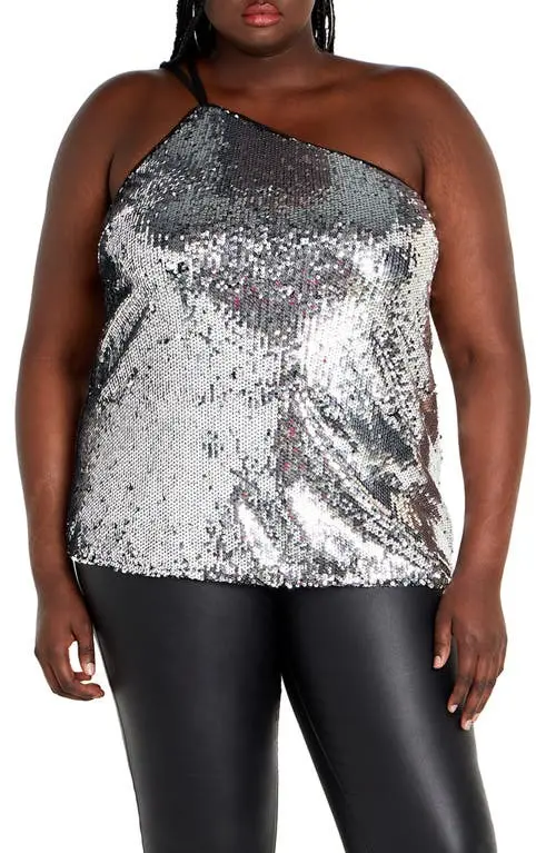 City Chic Sequin Embellished One-shoulder Top - Silver