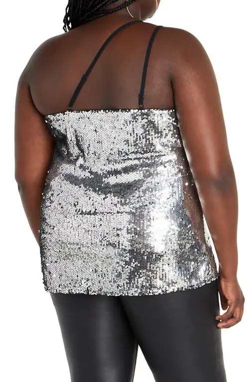 City Chic Sequin Embellished One-shoulder Top - Silver