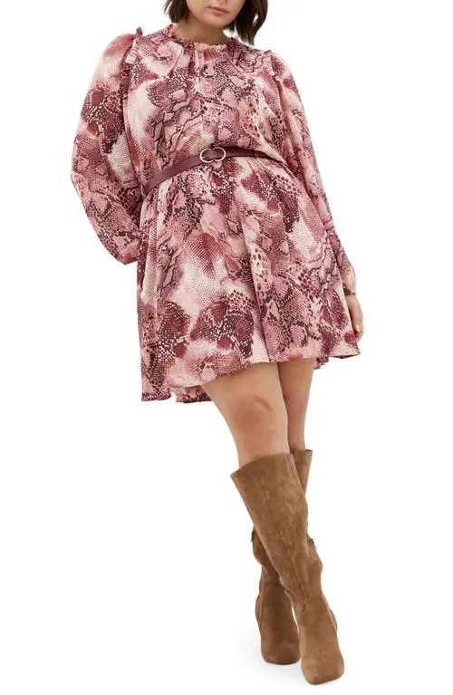 City Chic Printed Belted Long Sleeve Dress