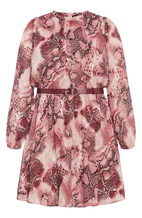 City Chic Printed Belted Long Sleeve Dress