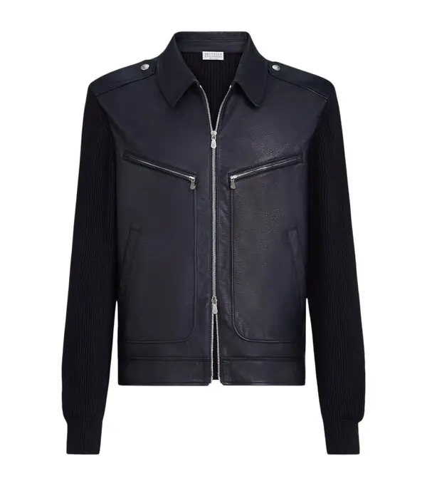 Brunello Cucinelli Knitted Leather Jacket - Blue