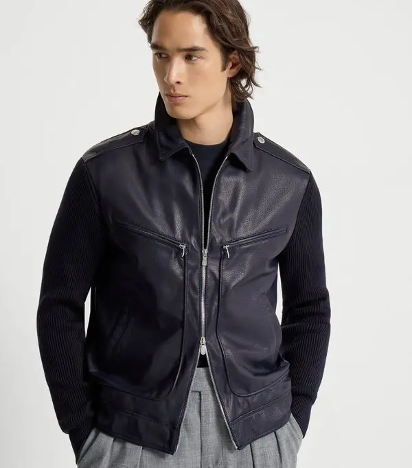 Brunello Cucinelli Knitted Leather Jacket - Blue