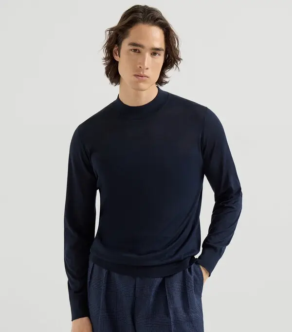 Brunello Cucinelli Silk-cotton High-neck Sweater - Blue