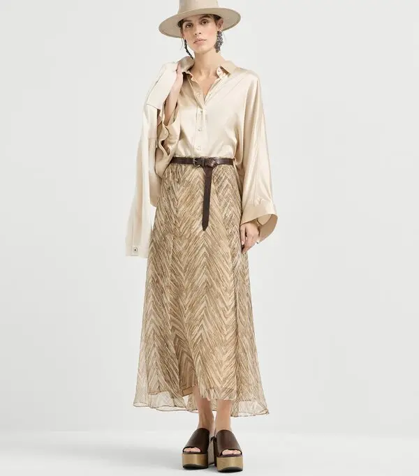 Brunello Cucinelli Silk Printed Maxi Skirt - Beige