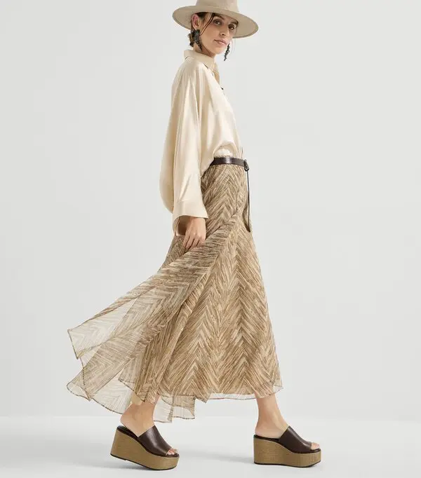 Brunello Cucinelli Silk Printed Maxi Skirt - Beige