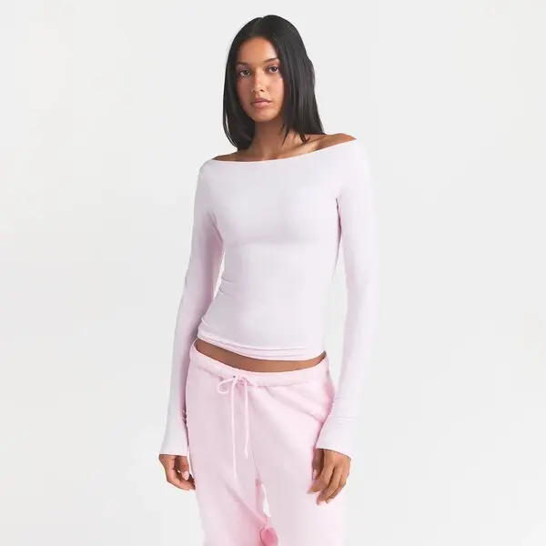 SKIMS Long Sleeve Cotton Jersey Boatneck Top - Cherry Blossom