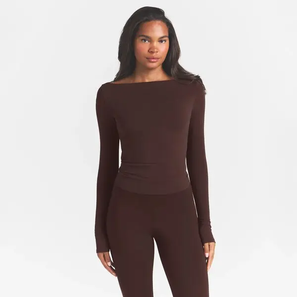 SKIMS Long Sleeve Cotton Jersey Boatneck Top - Espresso