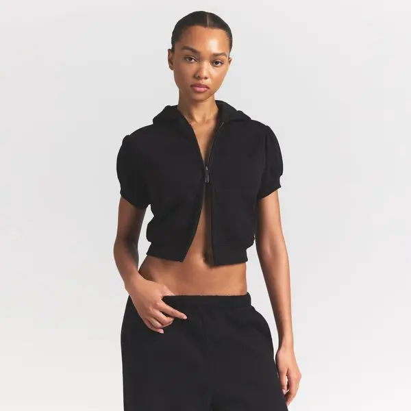 SKIMS Cotton Fleece Bubble Sleeve Cropped Zip Up - Onyx
