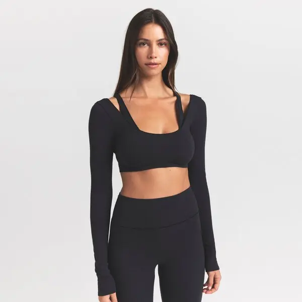 SKIMS Long Sleeve Super Cropped Wool Rib Top - Obsidian