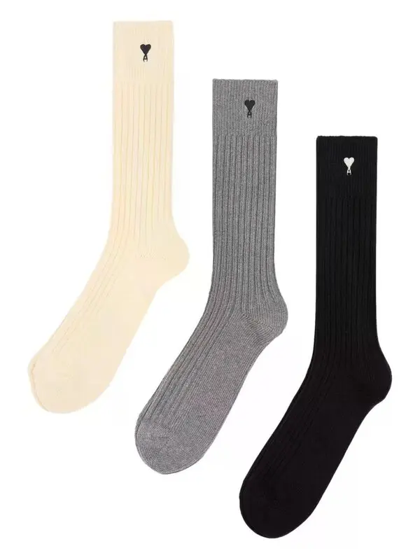 Ami Logo-embroidered Ribbed Socks - Neutrals