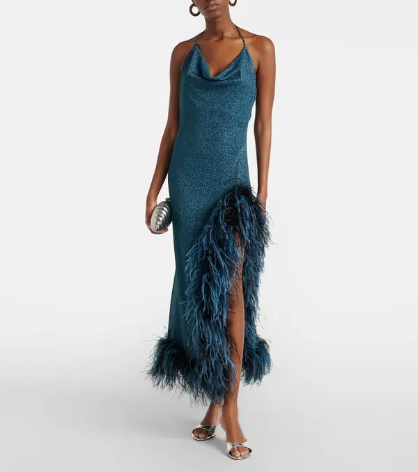 Oseree LumiRe Plumage Halterneck Midi Dress - Green | Editorialist