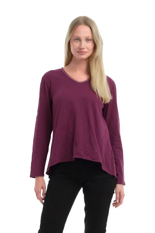 WILT CLOTHING Metallic Thread V-neck Long Sleeve Tee - Magenta Purple