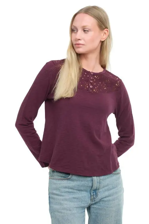 WILT CLOTHING Lace Yoke Henley Tee - Dark Fig