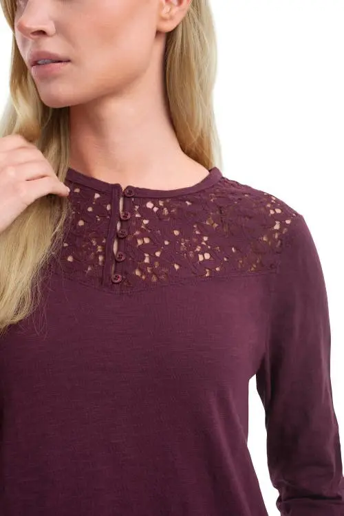 WILT CLOTHING Lace Yoke Henley Tee - Dark Fig