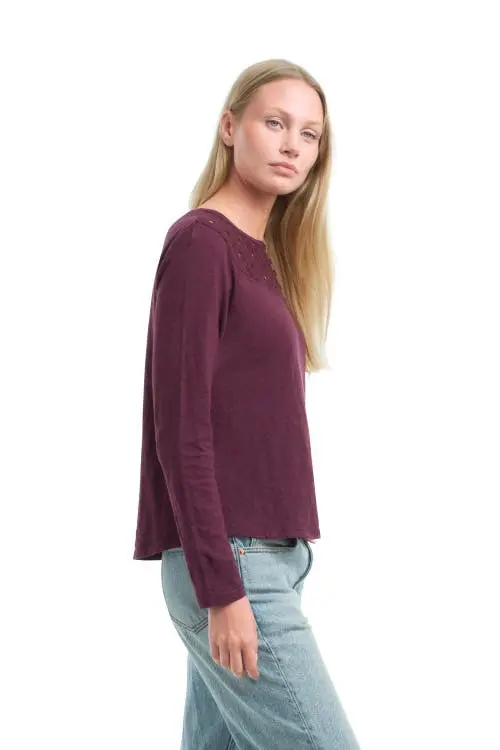 WILT CLOTHING Lace Yoke Henley Tee - Dark Fig