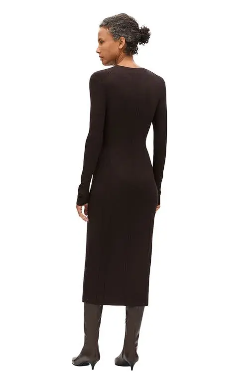 Another Tomorrow Rib Knit Tea Length Dress - Chocolate