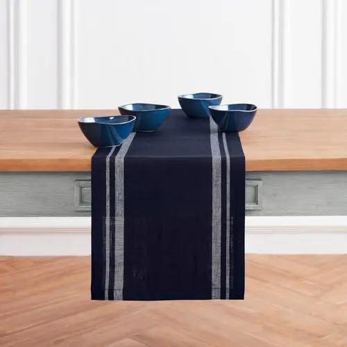 SOLINO HOME Linen Table Runner For Dining Table - White And Navy