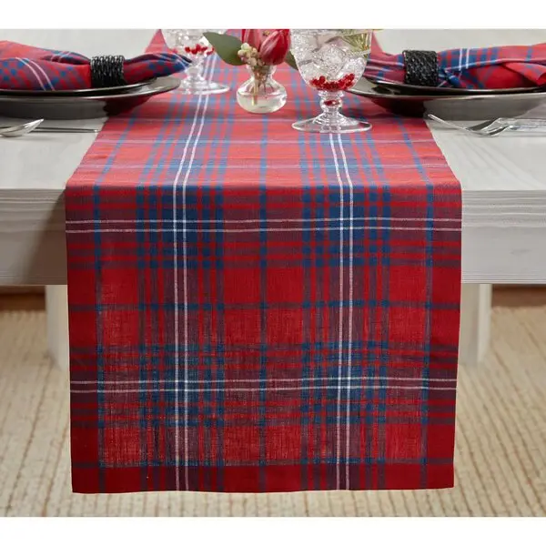 SOLINO HOME Linen Table Runnerred Tartan Plaid - Red And Navy