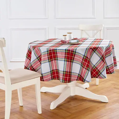 SOLINO HOME Linen Round Tableclothstewart Plaid - White