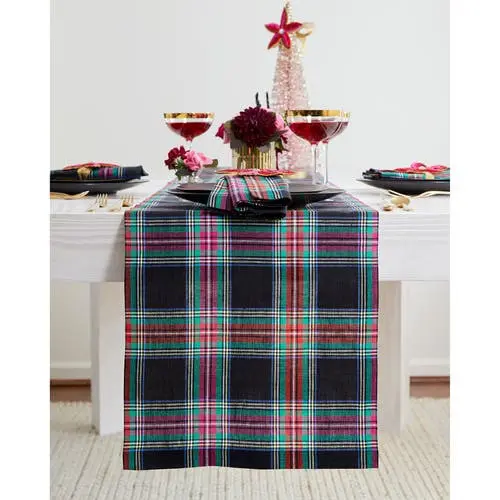 SOLINO HOME Linen Table Runnerjewel Plaid - Black Jewel
