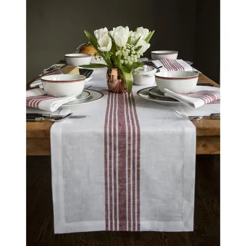 SOLINO HOME Linen Table Runner For Dining Table - Burgundy And White
