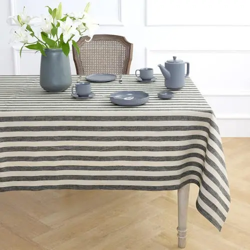 SOLINO HOME Linen Tableclothsorrento Stripe - Black And Natural