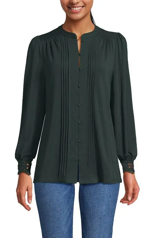 LANDS' END Lightweight Jersey Long Sleeve Button Front Pintuck Top - Evening Forest