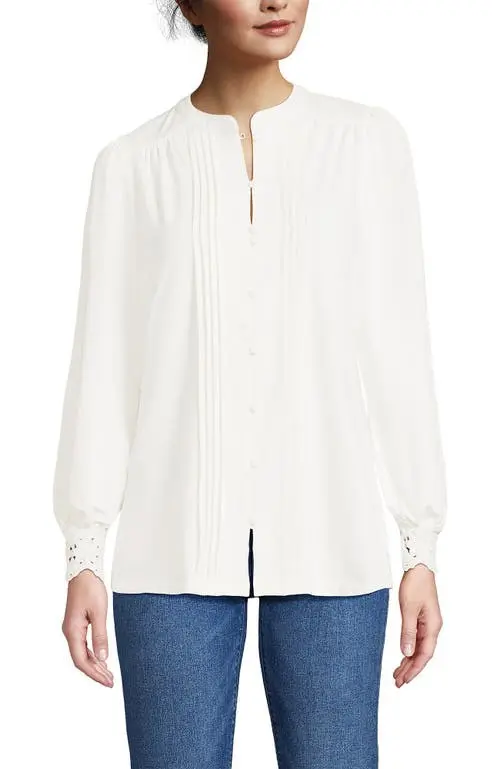 LANDS' END Lightweight Jersey Long Sleeve Button Front Pintuck Top - Ivory