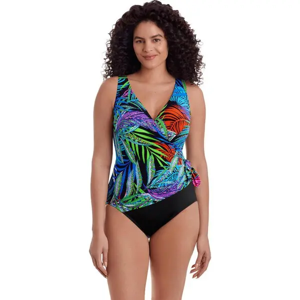 LONGITUDE Side Tie Surplice Long Torso One-piece Swimsuit - Jungle Boogie