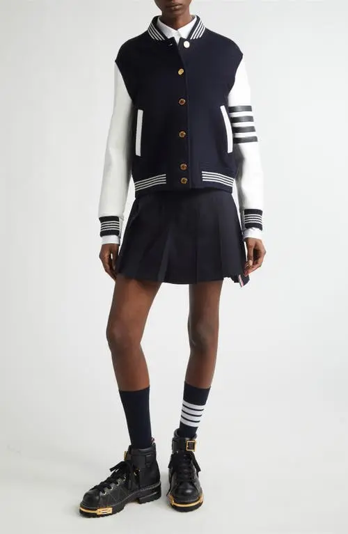 Thom Browne 4-bar Wool & Leather Varsity Jacket - Navy
