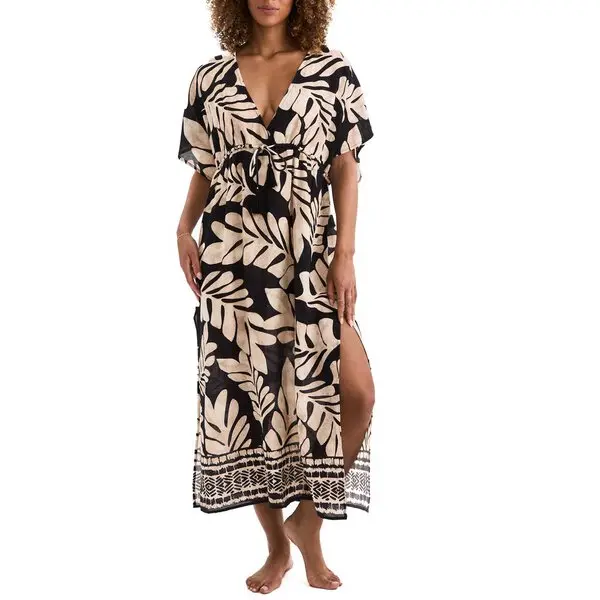 MIMI FLAMINGO Dylan Midi Cotton Cover-up Caftan - Ivory/black