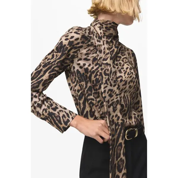 Mango Animal Print Scarf Neck Top - Black Brown