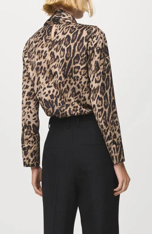 Mango Animal Print Scarf Neck Top - Black Brown