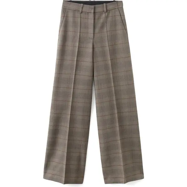 Mango High Rise Straight Leg Check Pants - Brown