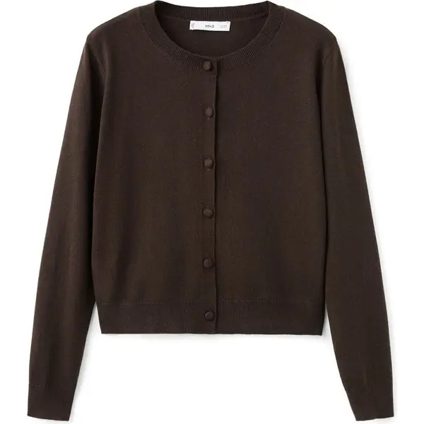 Mango Covered Button Crewneck Cardigan - Chocolate