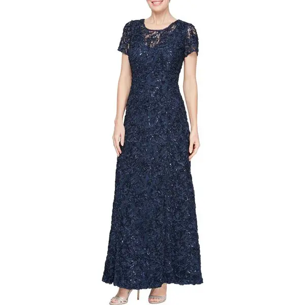Alex Evenings Embellished Soutache A-line Gown - Navy