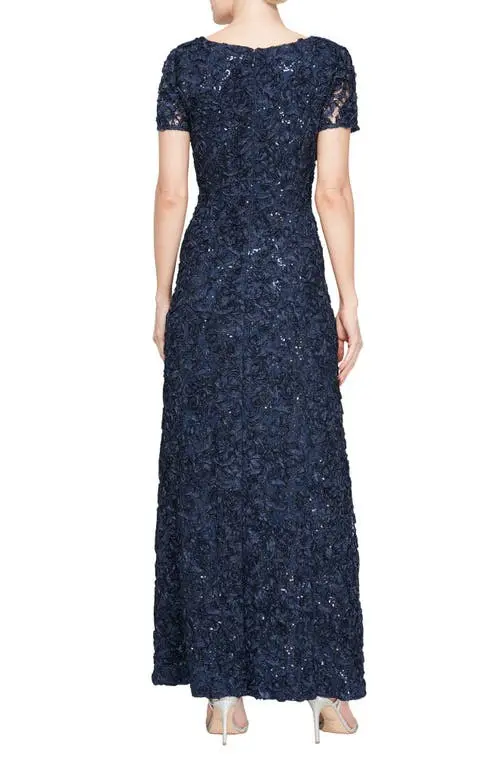 Alex Evenings Embellished Soutache A-line Gown - Navy