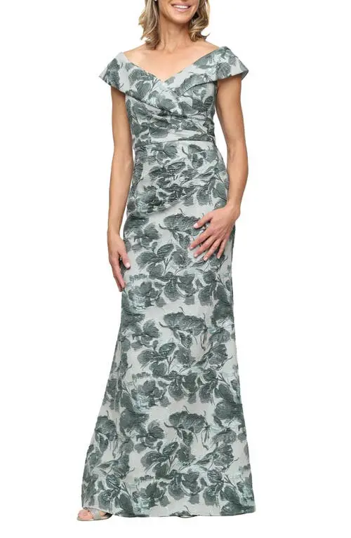 Alex Evenings Floral Jacquard Off-the-shoulder Gown - Sage
