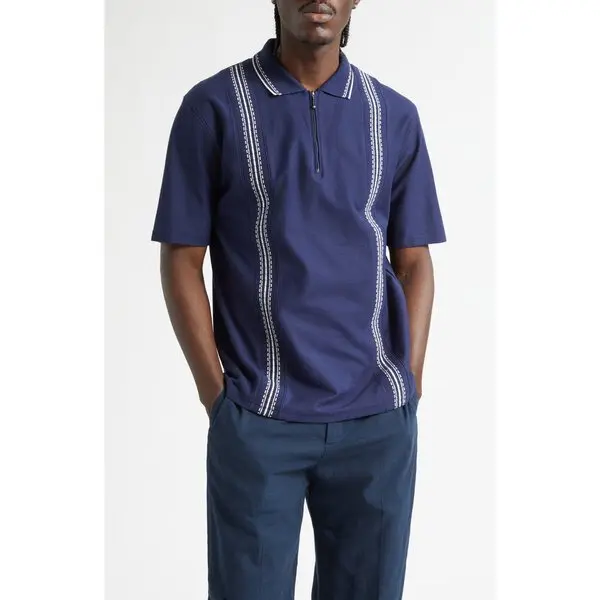 PALMES Stripe Jacquard Trim Zip Polo
